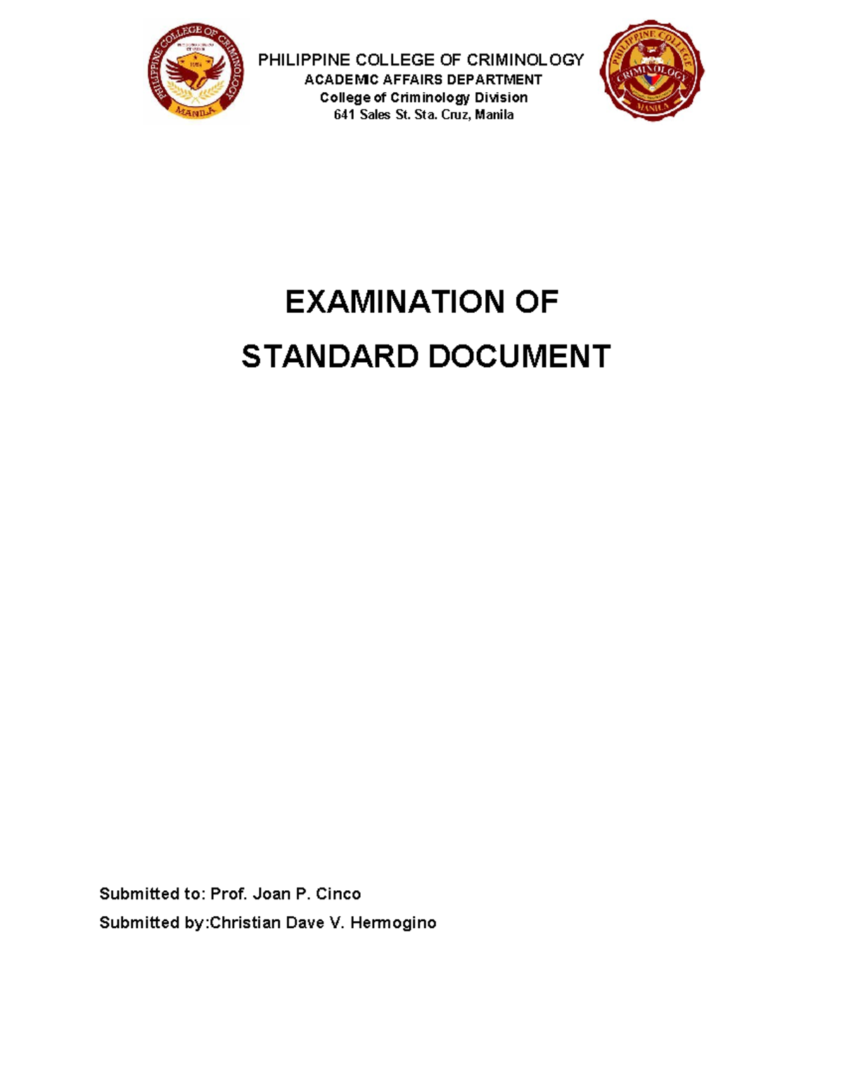 Examination OF Standard Document - ACADEMIC AFFAIRS DEPARTMENT College ...