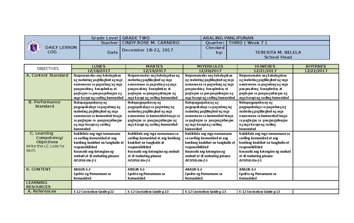 AP 2 Q3 Week 8 DLL - NONE - DAILY LESSON LOG Grade Level GRADE TWO ...