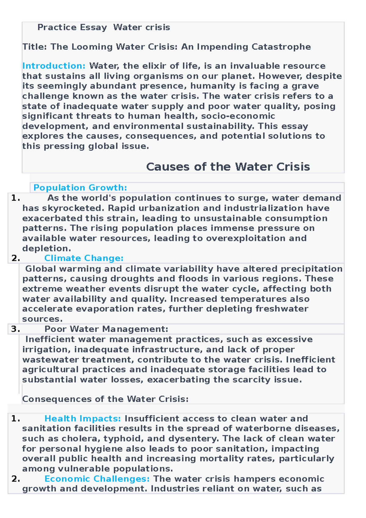 The Looming Water Crisis , An Impending Catastrophe - Practice Essay ...