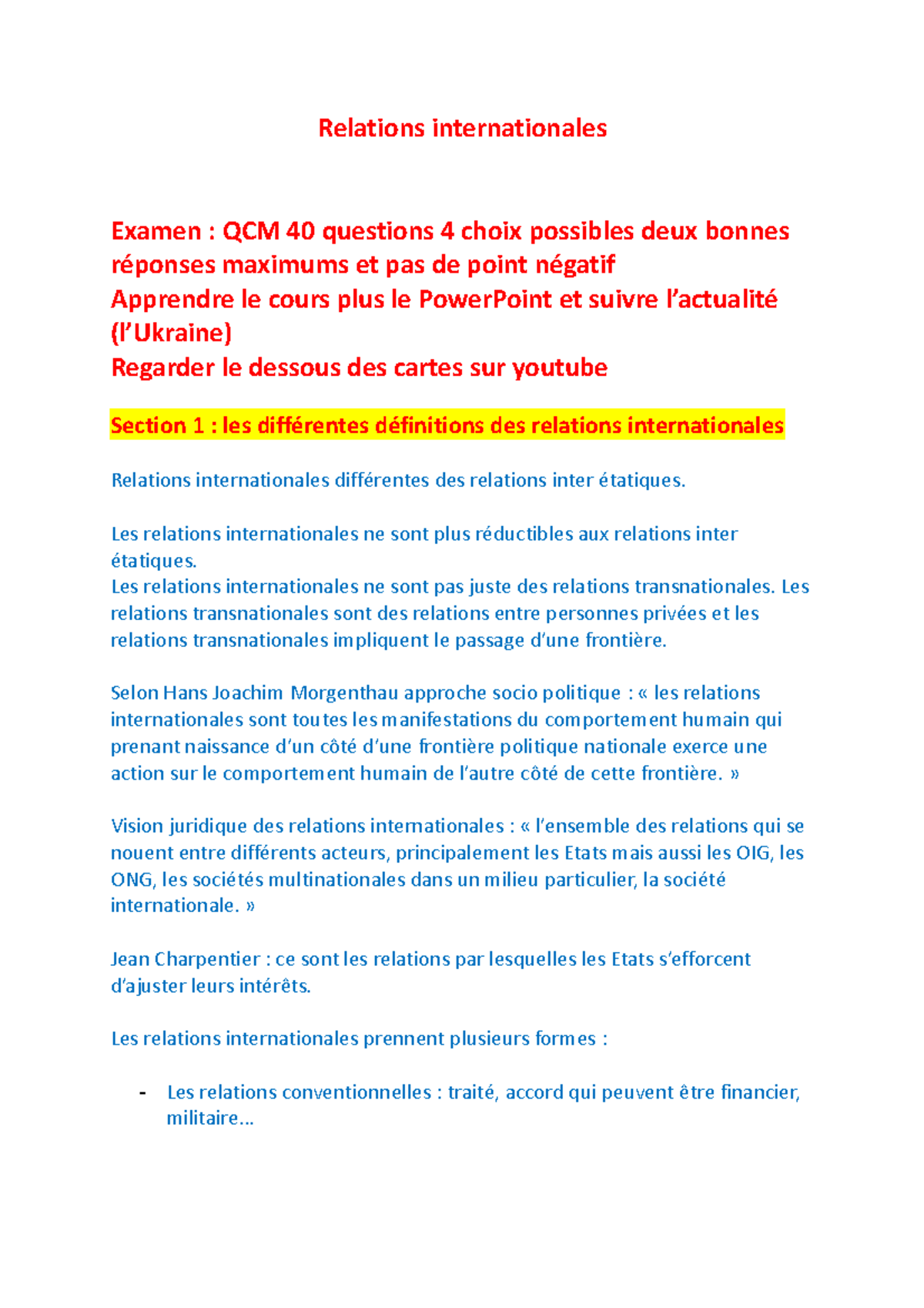 Relations internationales - Relations internationales Examen : QCM 40 questions 4 choix ...