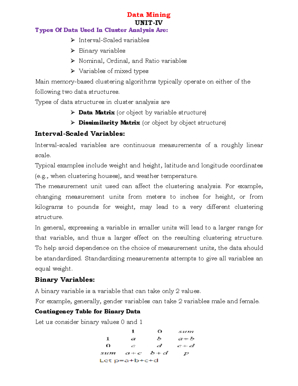 Data Mining - UNIT-IV - Data Mining UNIT-IV Types Of Data Used In Cluster Analysis Are: - Studocu