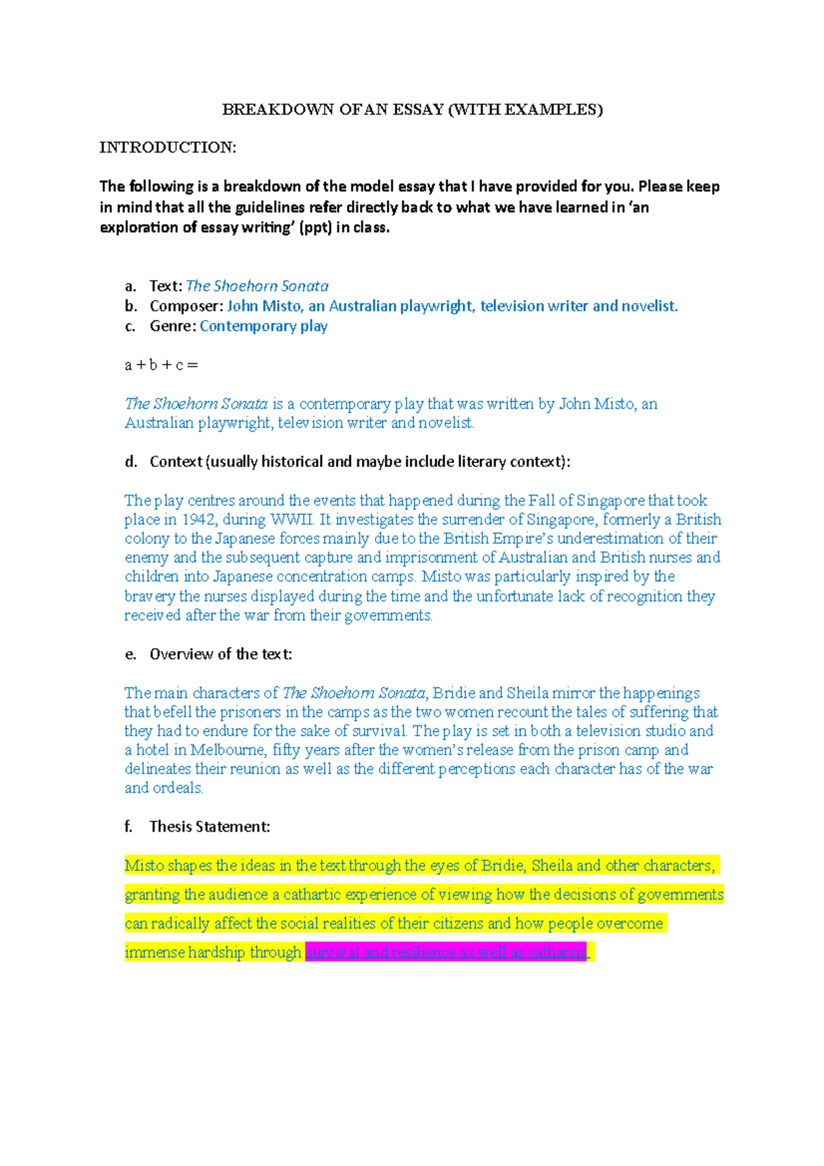 Breakdown OF AN Essay - Module B, English Standard Preliminary. Used ...