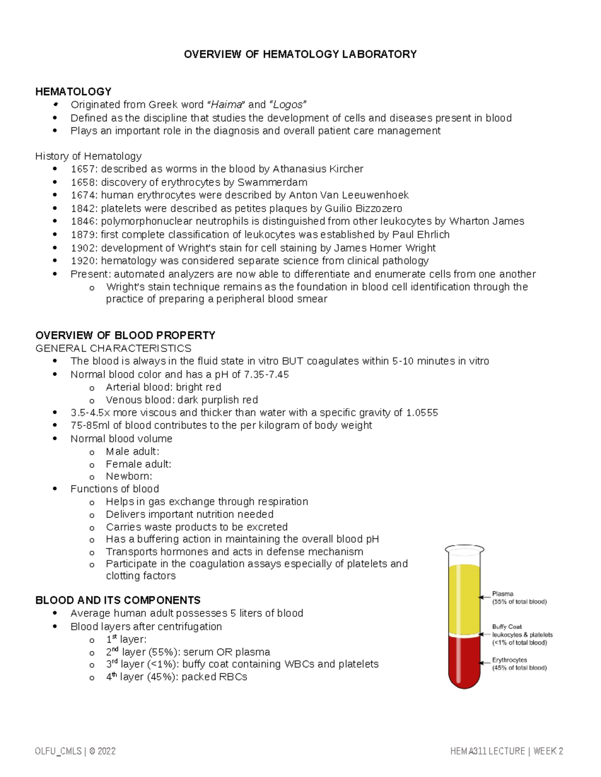 Week 2 Introduction to Hematology Laboratory - Copy - OLFU_CMLS ...