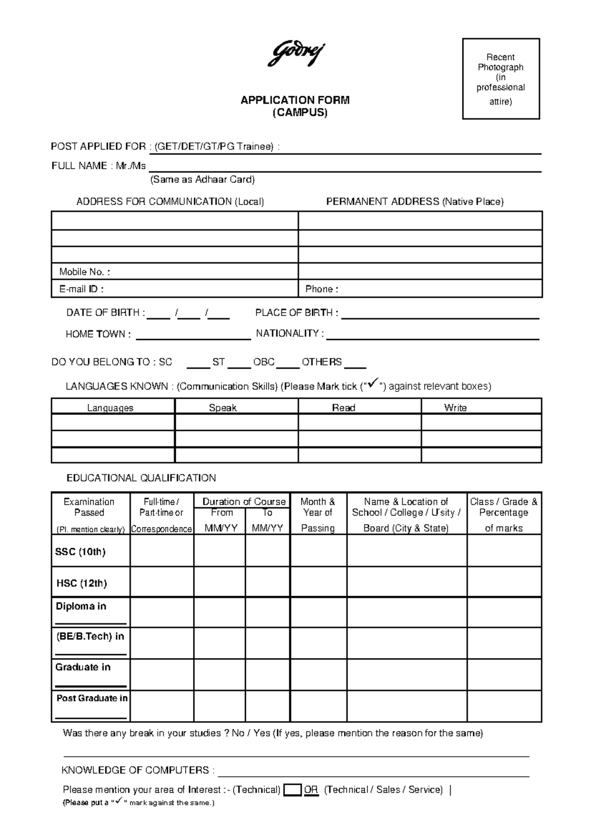 Candidate Name College Name Position - Recent Photograph (in ...