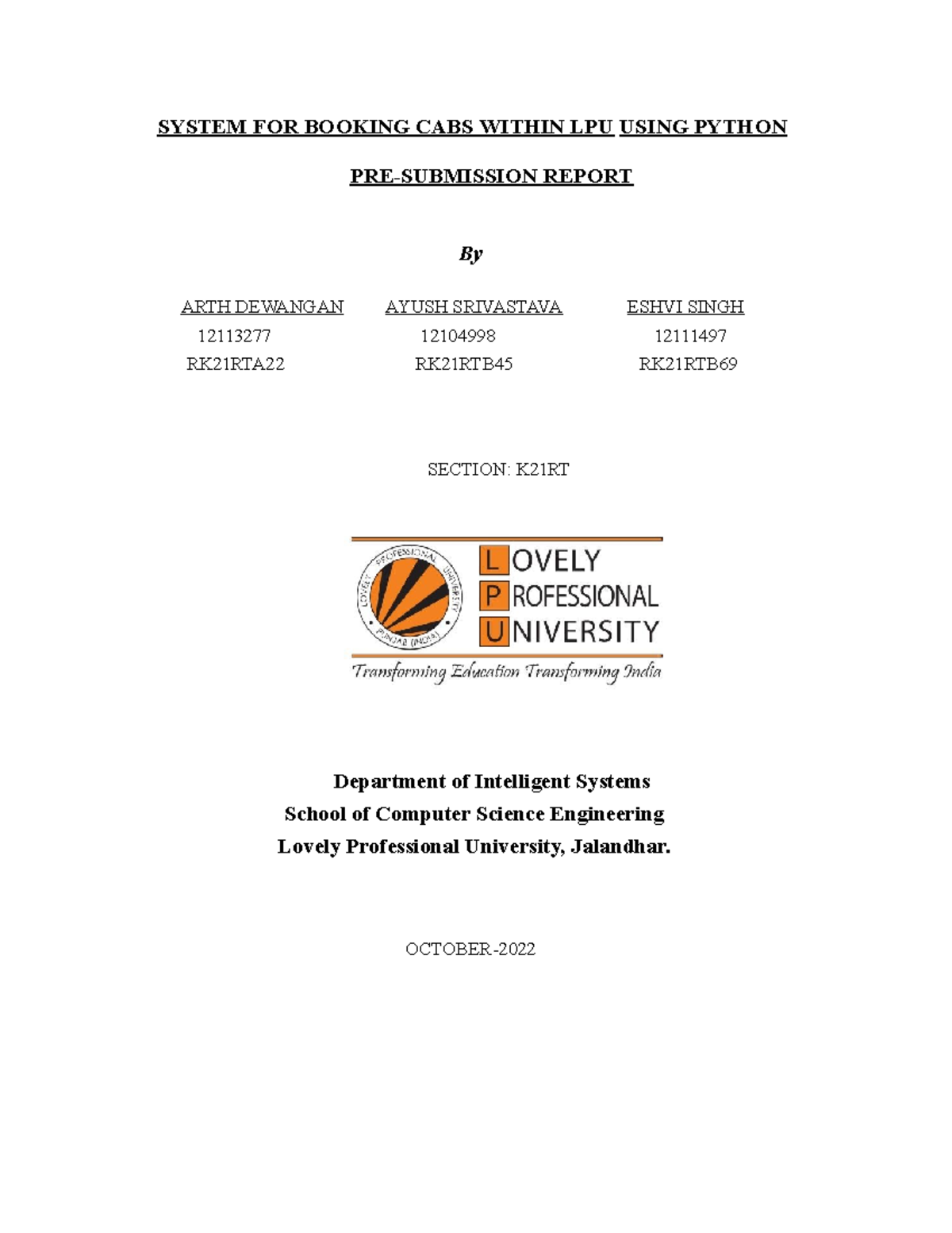 Python Project Pre Submission System For Booking Cabs Within Lpu