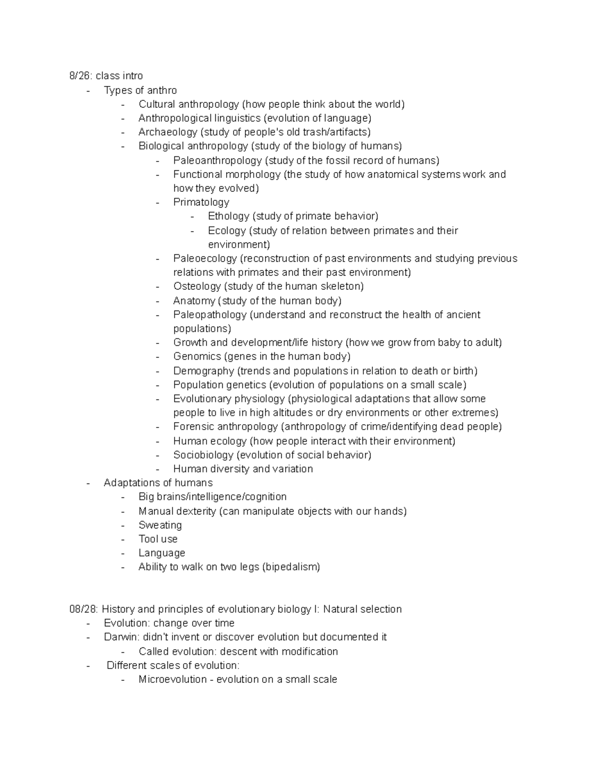 Notes Part 1 - 8/26: class intro - Types of anthro - Cultural ...