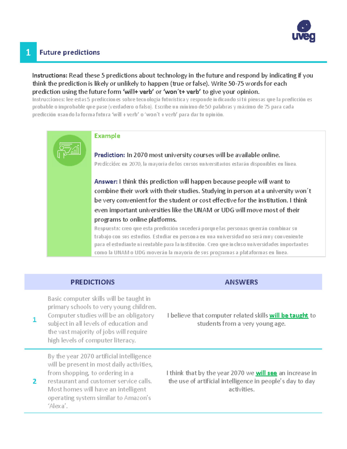 World of Tomorrow - Tarea - 1 Future predictions Instructions: Read ...