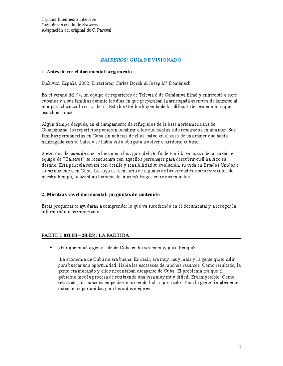 Balseros Matthew Fisher 4 - Español Intermedio Intensivo Guía de ...