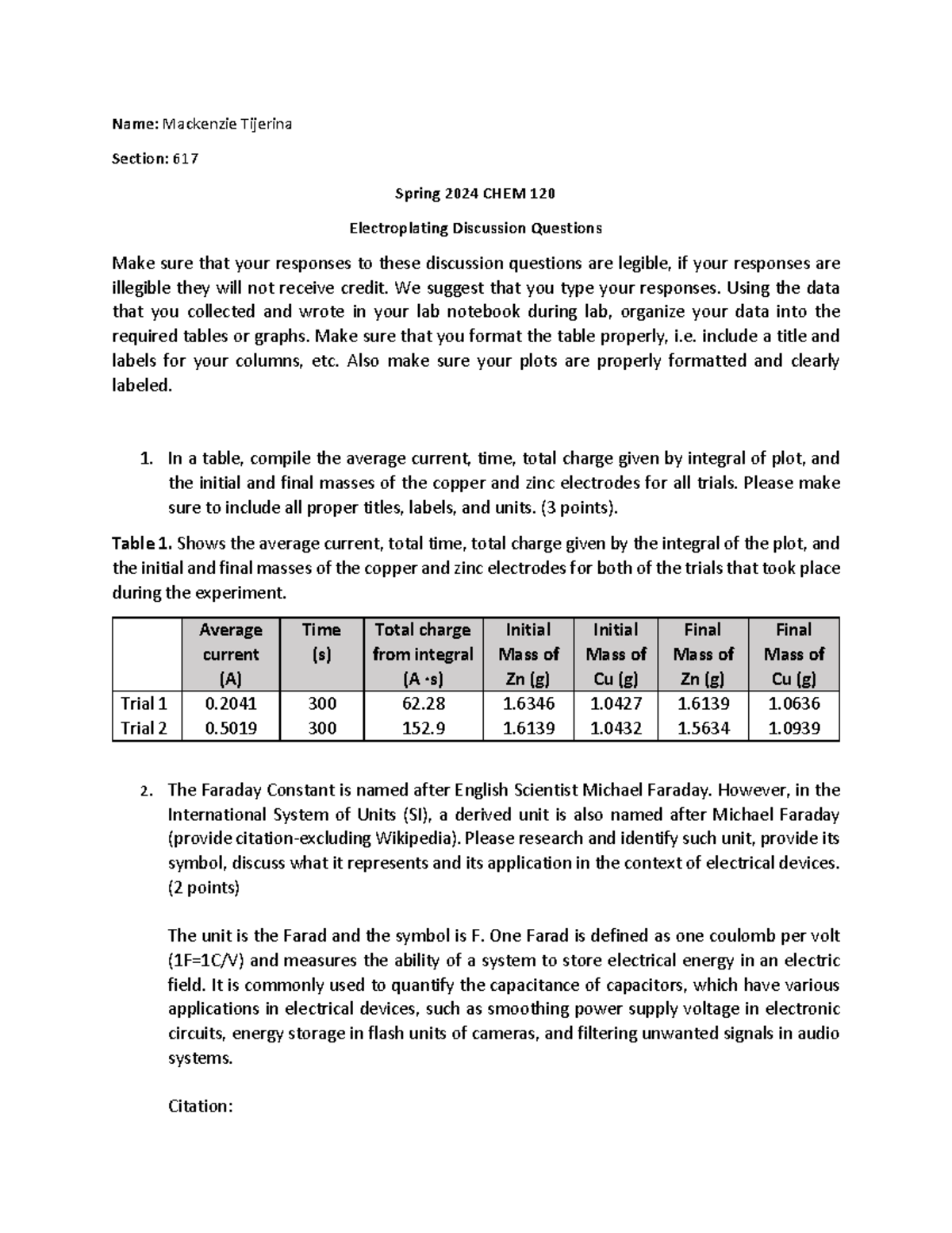 Electroplating Post lab Assignment - Ed edits - Name: Mackenzie ...