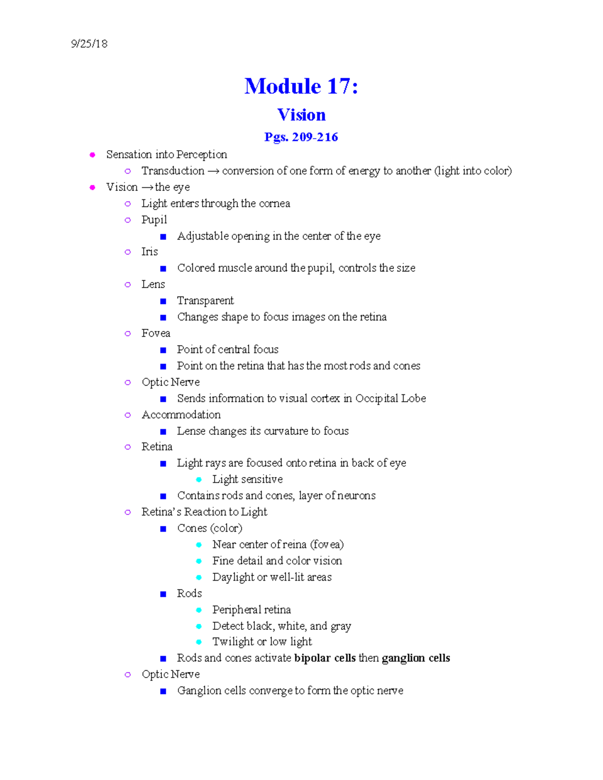 Module 17+18+17 for Intro to Psych - 9/25/18 Module 17: Vision Pgs. 209 ...