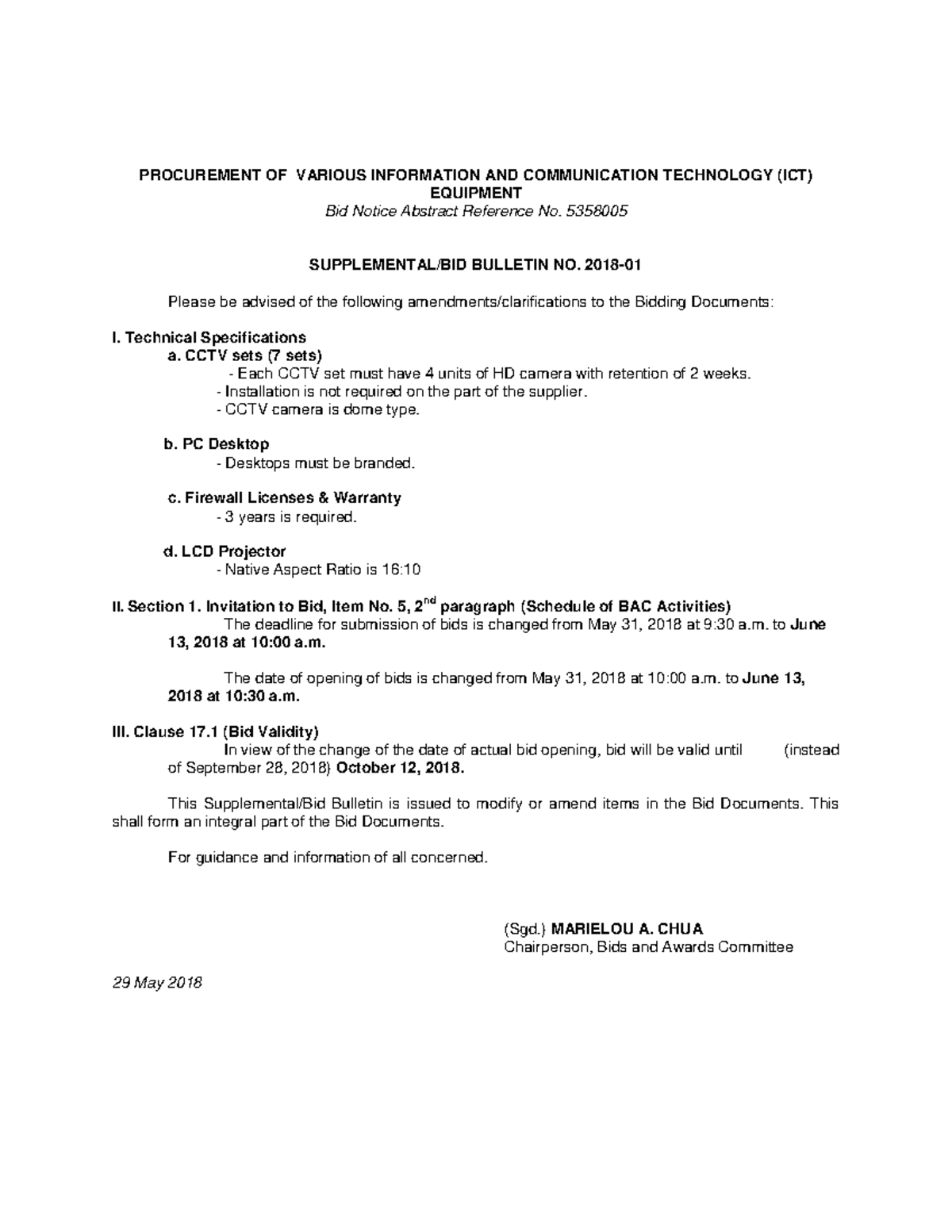 Bid Bulletin No. 1 - Change in Tech. Specs - PROCUREMENT OF VARIOUS ...