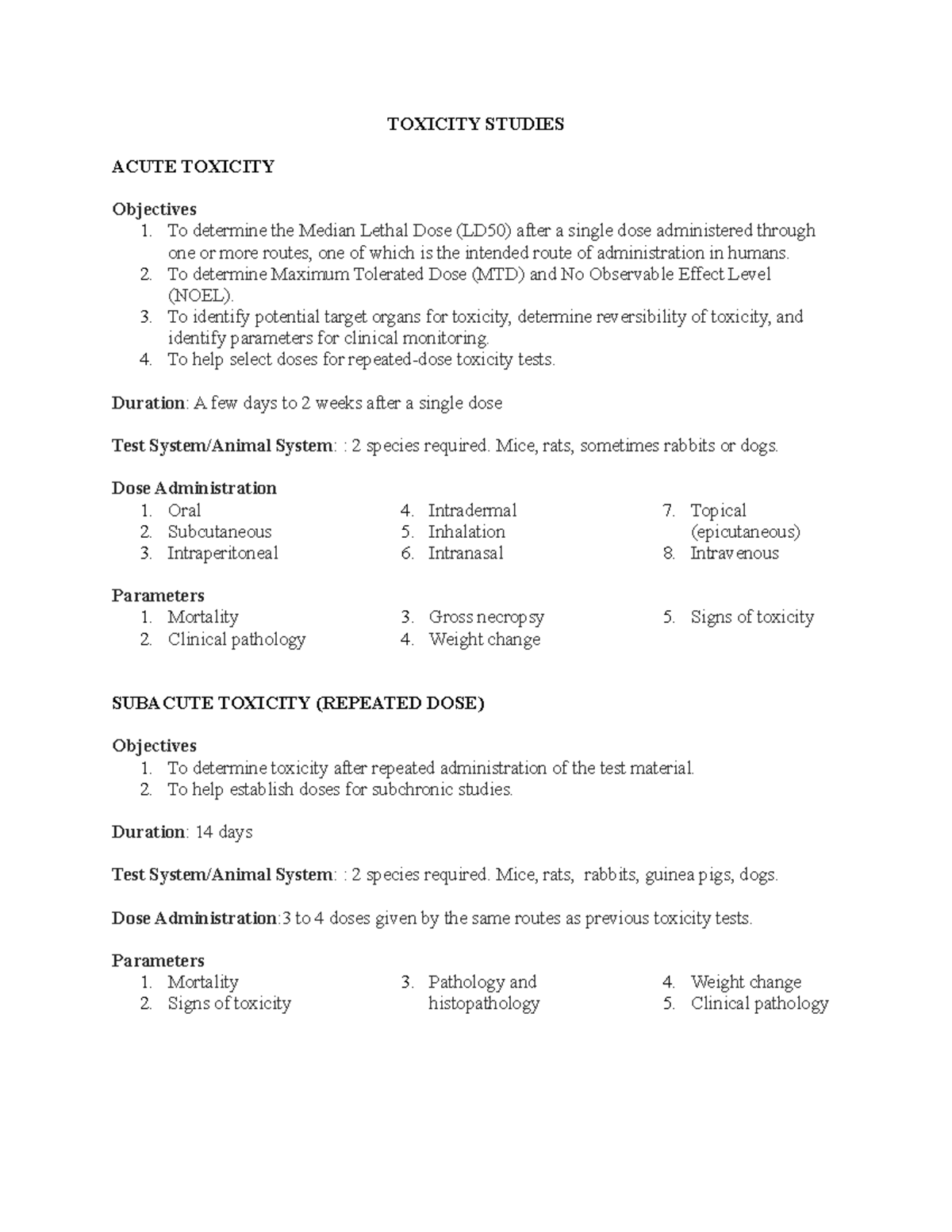 Toxicological Study - Note - TOXICITY STUDIES ACUTE TOXICITY Objectives ...