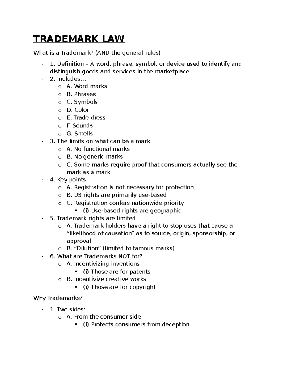 IP Class Notes - TRADEMARK LAW What is a Trademark? (AND the general ...