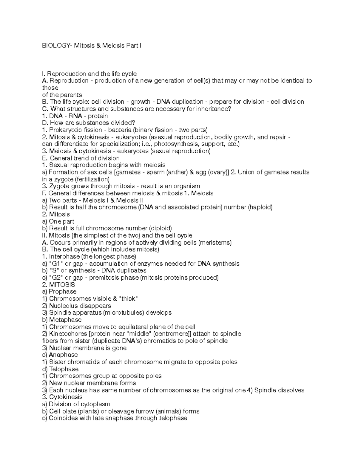 Bio 13 - Notes - BIOLOGY- Mitosis & Meiosis Part I I. Reproduction and ...