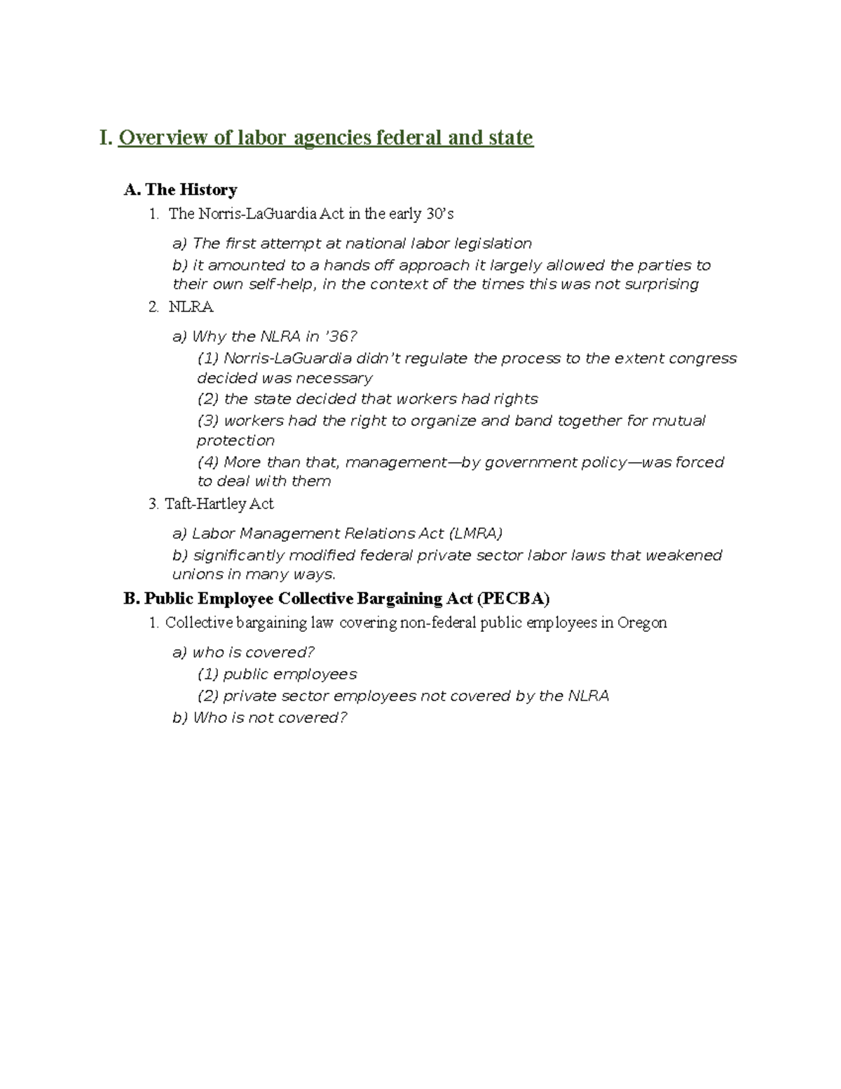 Labor Outline - I. Overview of labor agencies federal and state A. The ...