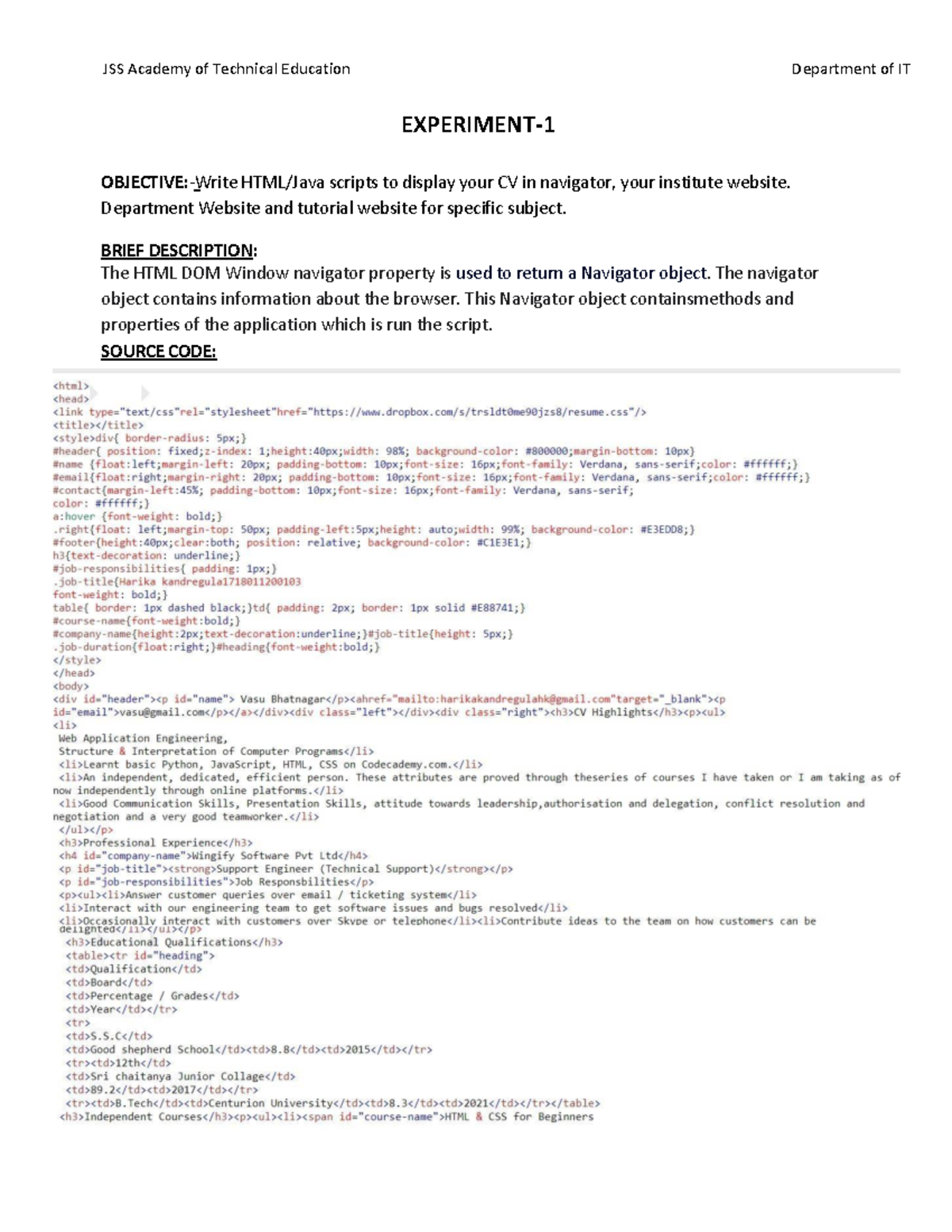 labwebtecgnolgy - EXPERIMENT- 1 OBJECTIVE:-Write HTML/Java scripts to display your CV in ...