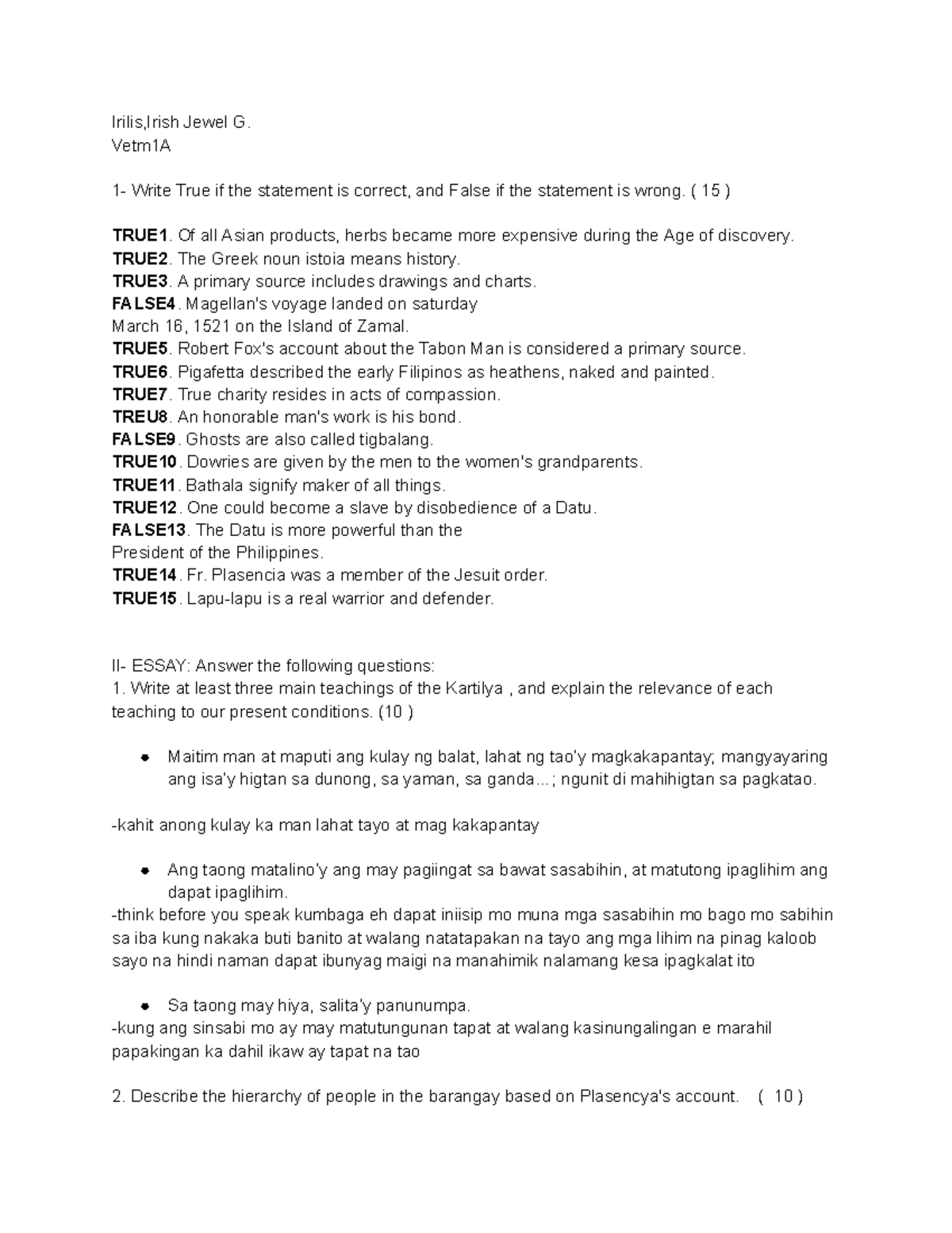 RPH Midterm - rah notes - Irilis,Irish Jewel G. Vetm1A 1- Write True if ...