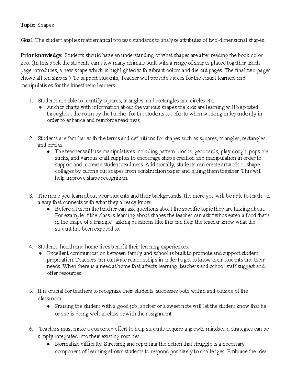 Learning Indicators Assignment - Topic: Shapes Goal: The student ...