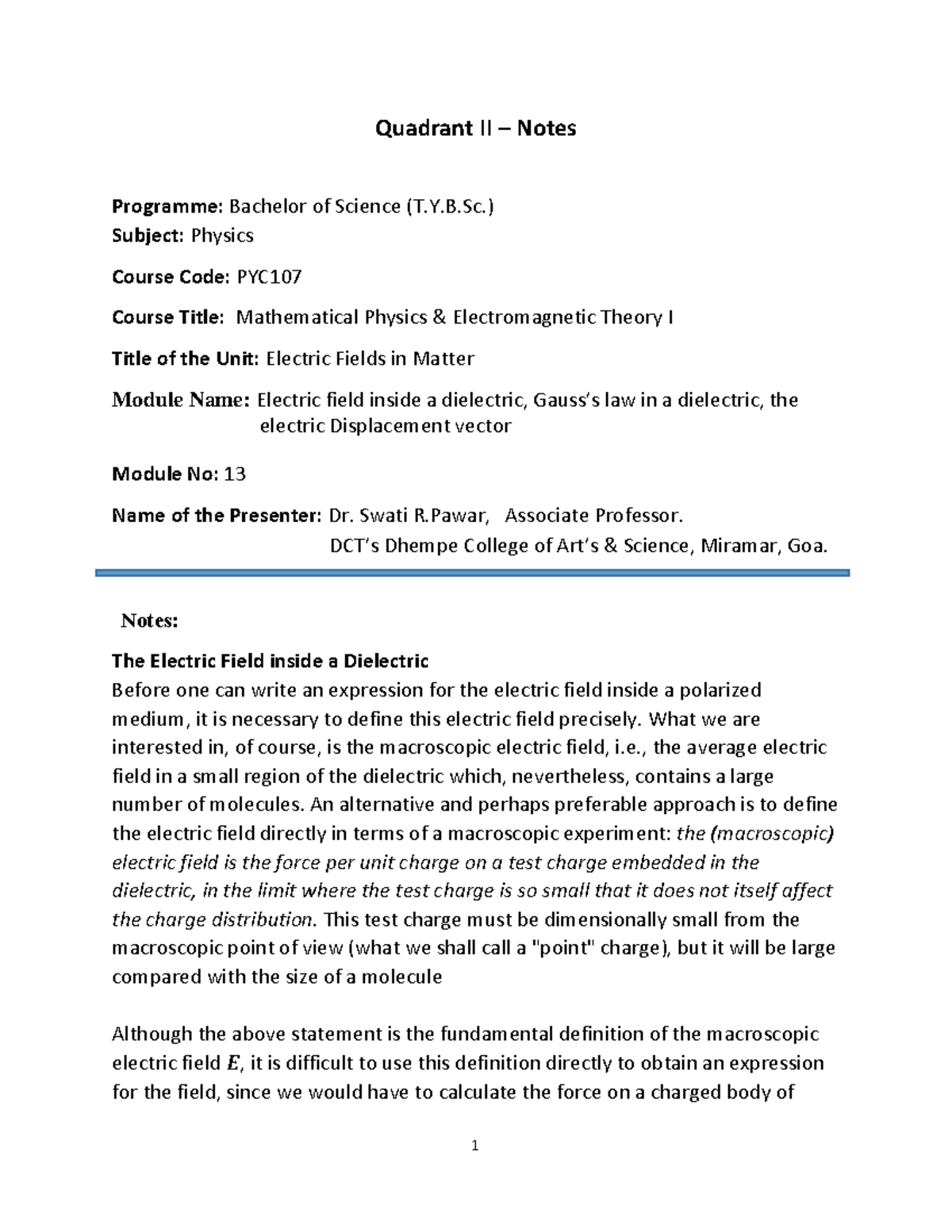 13 Notes - ccc - Quadrant II – Notes Programme: Bachelor of Science (T ...
