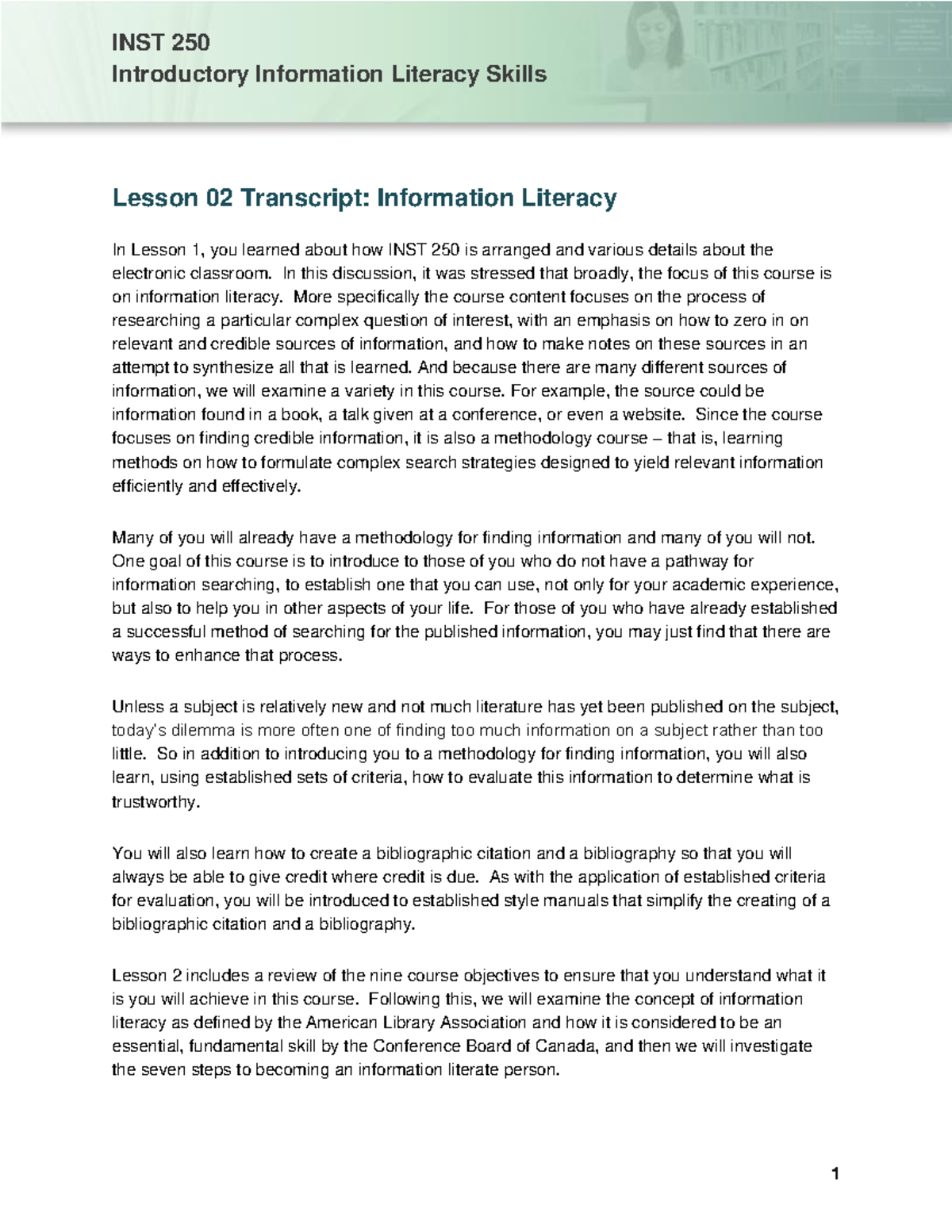 02 [transcript] - information literacy - INST 250 Introductory ...