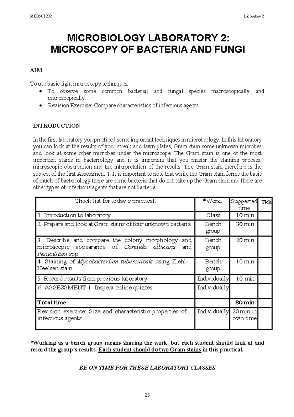 Medsci 202 Lab 2 - lab - MICROBIOLOGY LABORATORY 2: MICROSCOPY OF BACTERIA AND FUNGI AIM To use ...