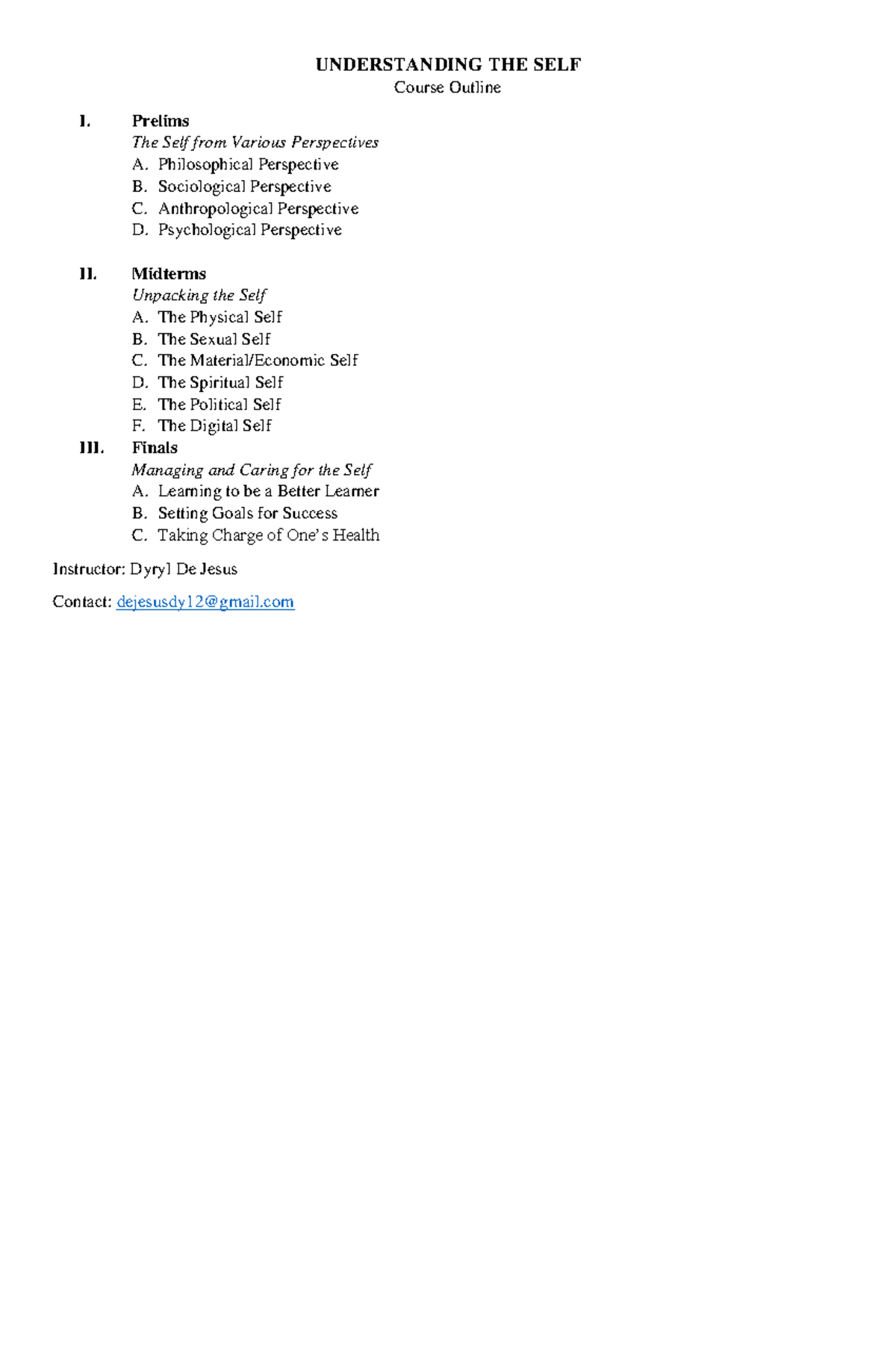 Understanding-the-Self Prelims - UNDERSTANDING THE SELF Course Outline I. Prelims The Self from ...