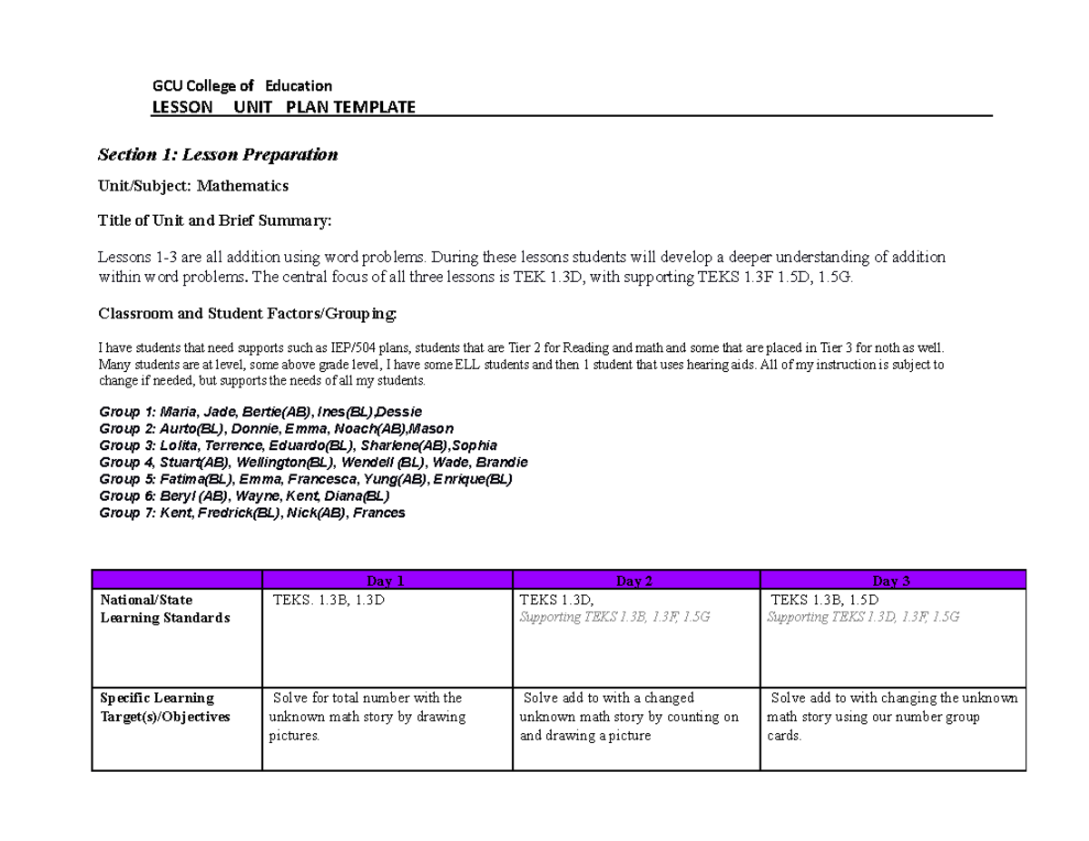 3-day - ............ - Section 1: Lesson Preparation Unit/Subject ...