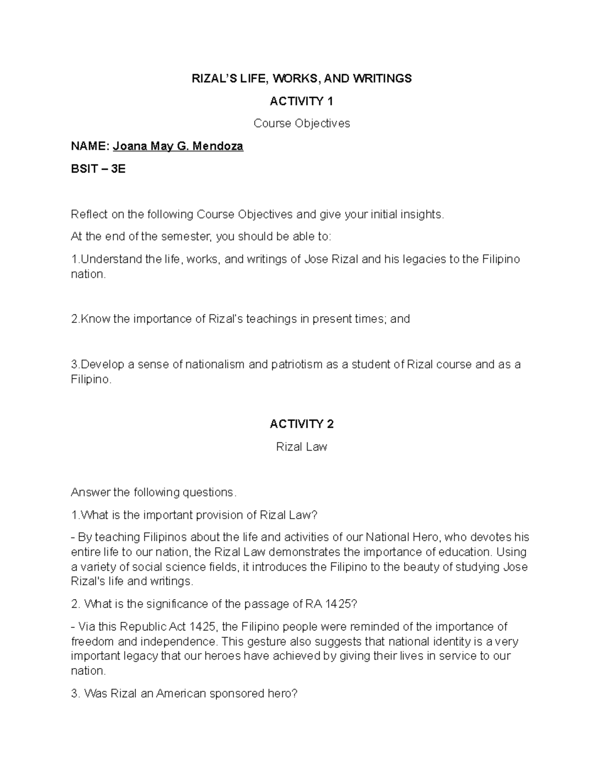 Rizal Activity 1 2 - QWDWQDQDQDQD - RIZAL’S LIFE, WORKS, AND WRITINGS ...