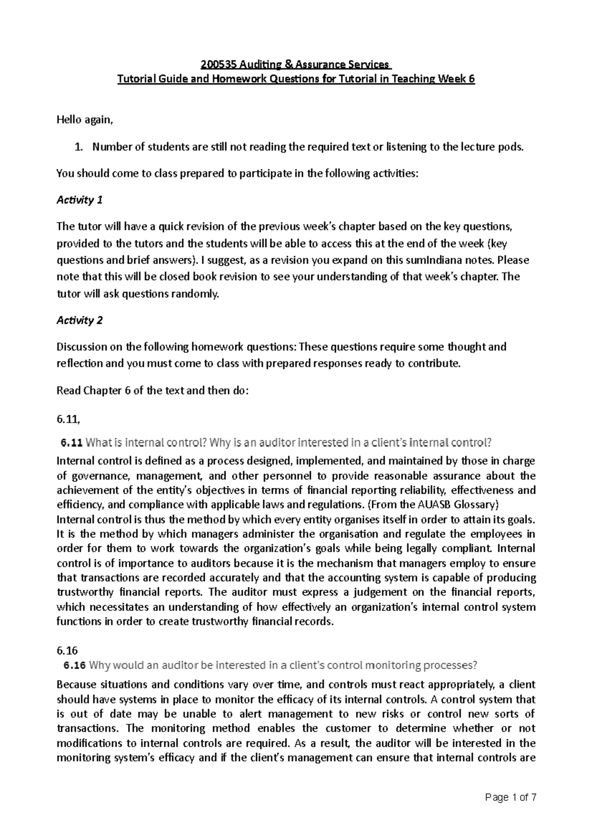 Tutorial Guide and Homework Questions Aut2021(1) - 200535 Auditing & Assurance Services Tutorial ...