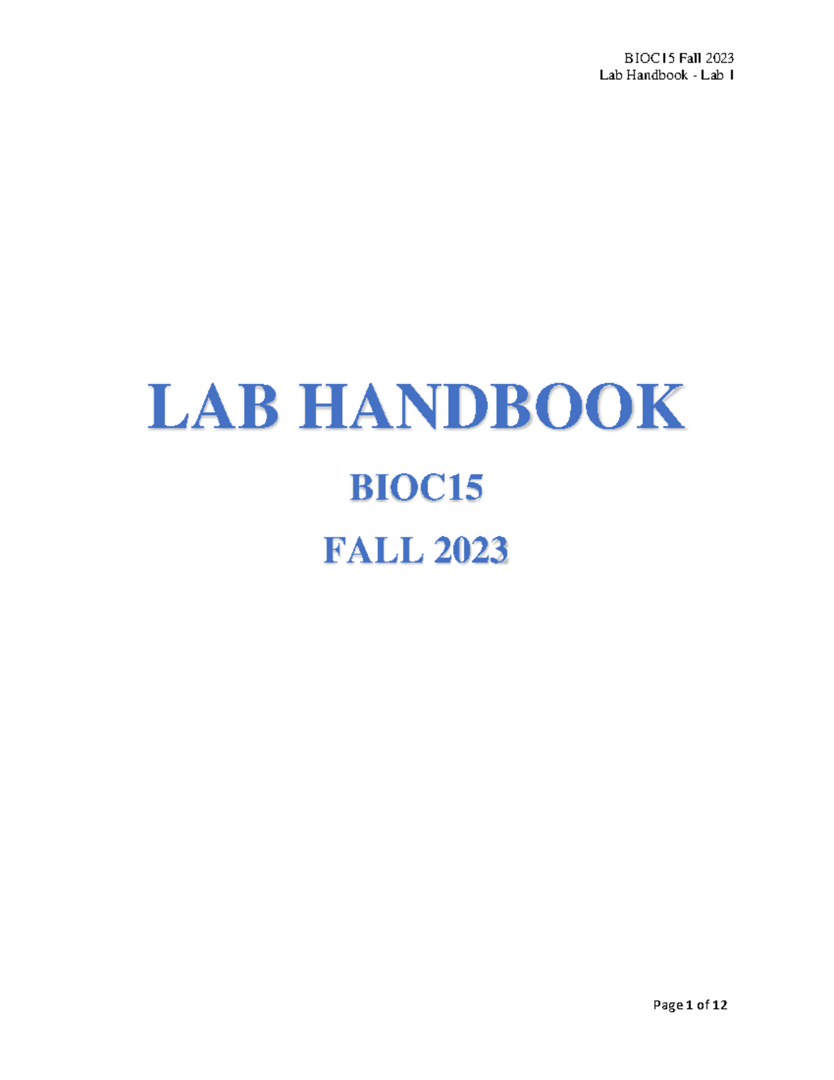 Lab Handbook - Lab1 - lab - Lab Handbook - Lab 1 BIOC FALL 2023 LAB ...