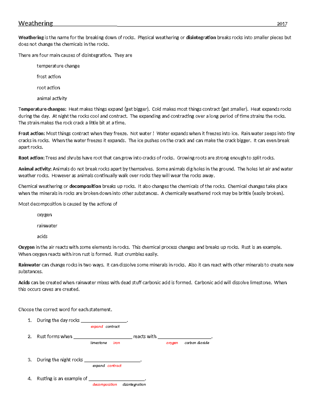 Weathering notes wksh answer key 2017 - Weathering is the name for the ...