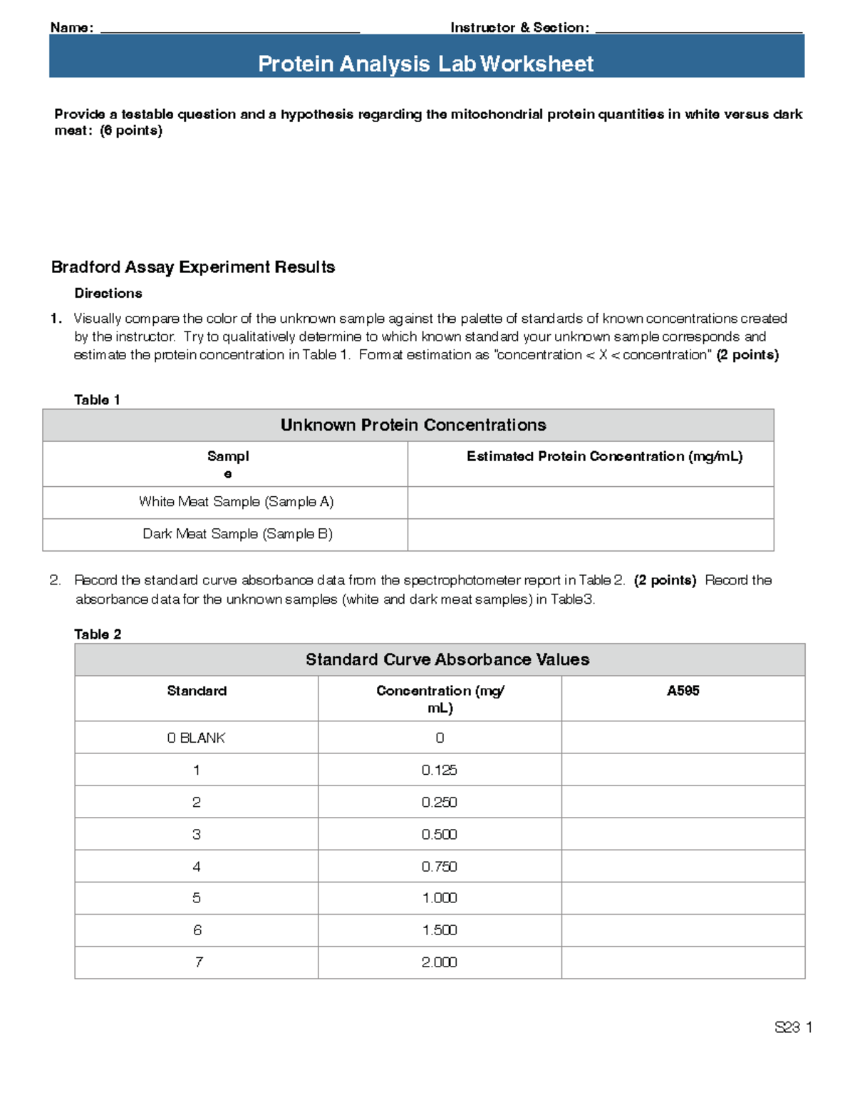S23 Protein Analysis Worksheet PDF - Name: Instructor & Section ...