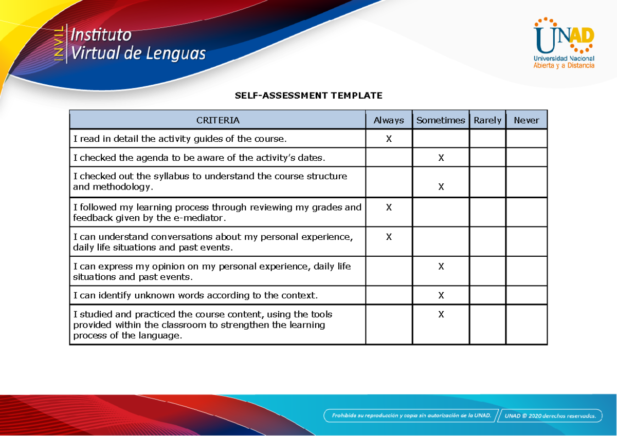 Annex 5 - Self assessment - SELF-ASSESSMENT TEMPLATE CRITERIA Always ...