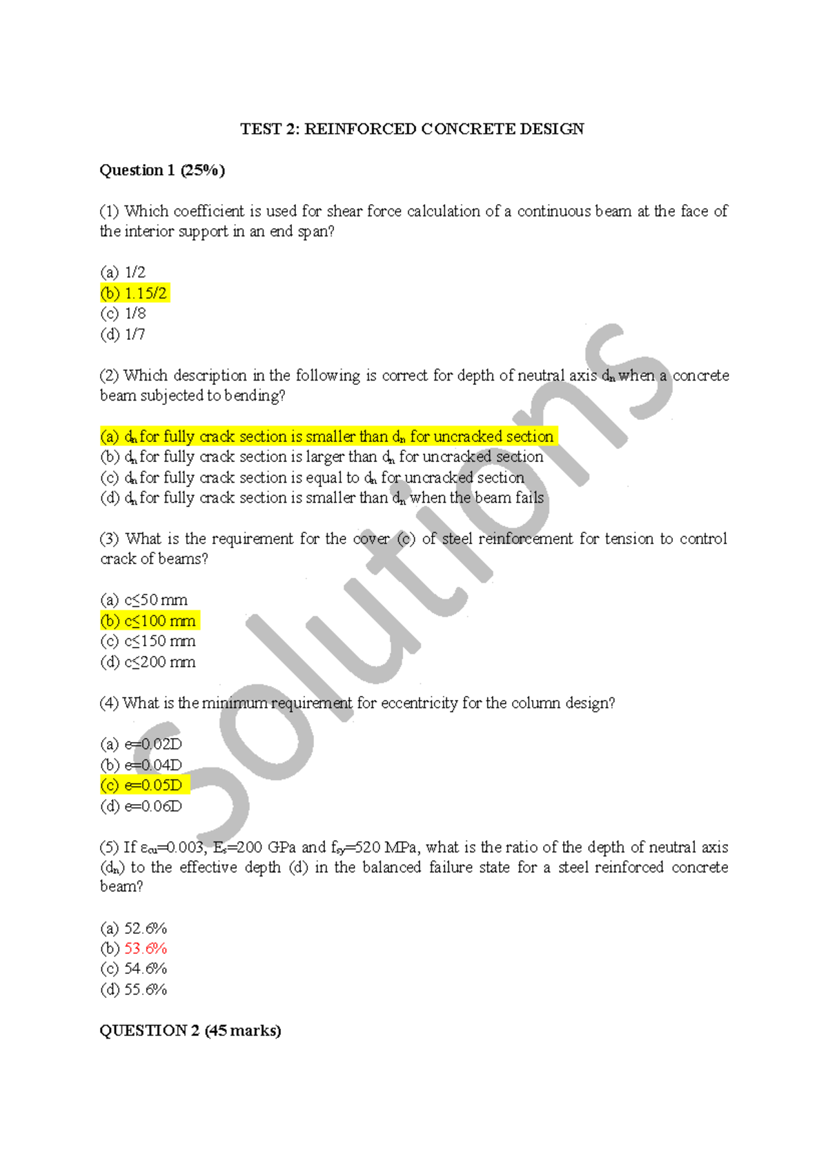 Test2 2019 2 solution - Test 1 - TEST 2: REINFORCED CONCRETE DESIGN ...