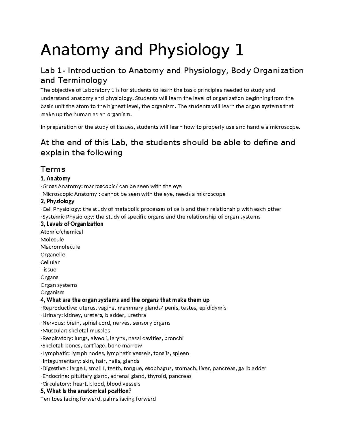 Zar AP study guide 1 - Anatomy and Physiology 1 Lab 1- Introduction to ...