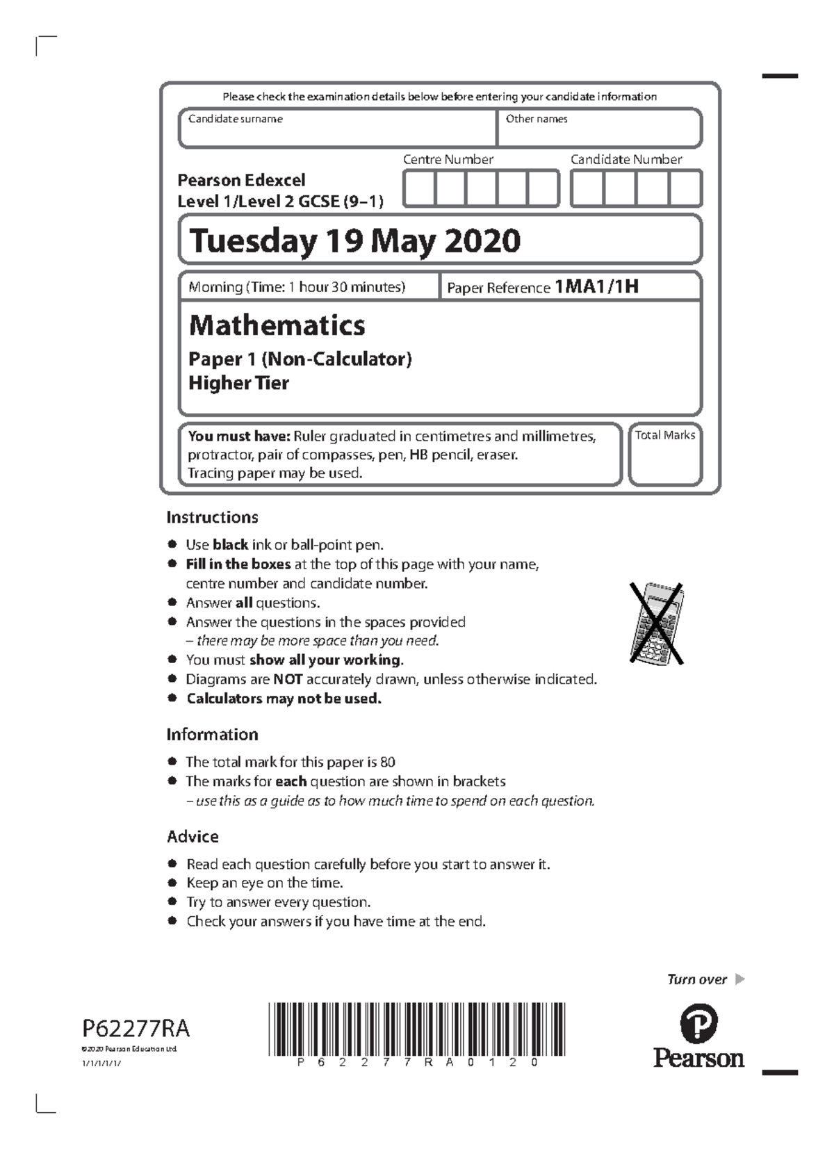 Maths Paper 1 Non Calc 2020 - Please check the examination details ...