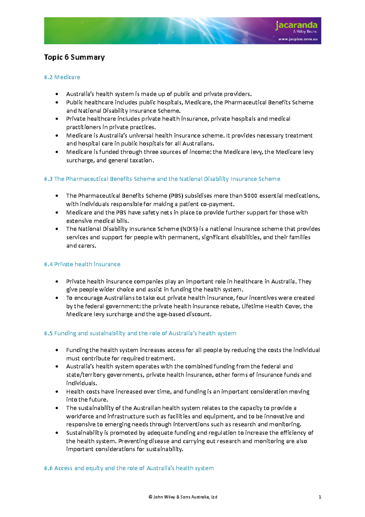 Chapter 6 summary notes - Topic 6 Summary 6 Medicare Australia’s health ...