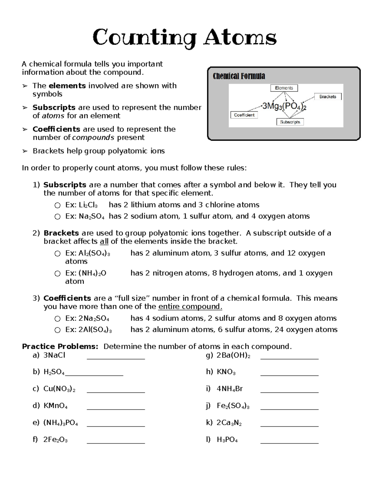 12.1 Counting Atoms Note WS - Counting Atoms A chemical formula tells ...