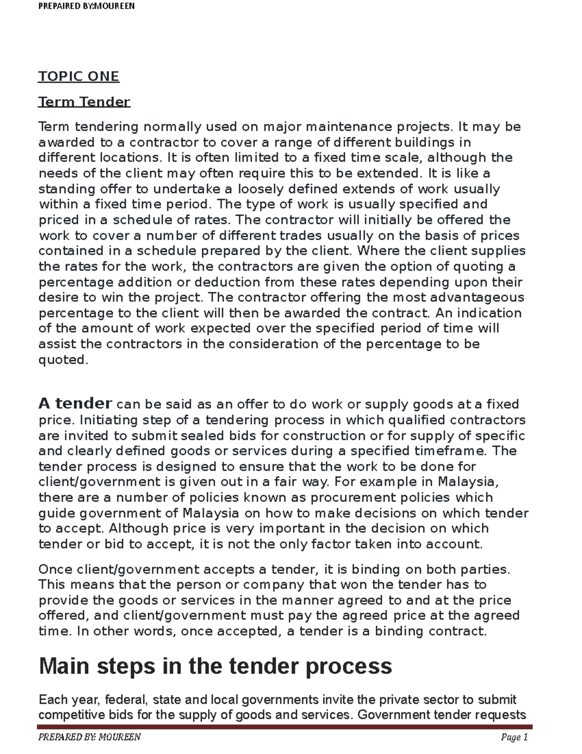 Estimation AND Tendering Notes - TOPIC ONE Term Tender Term tendering ...