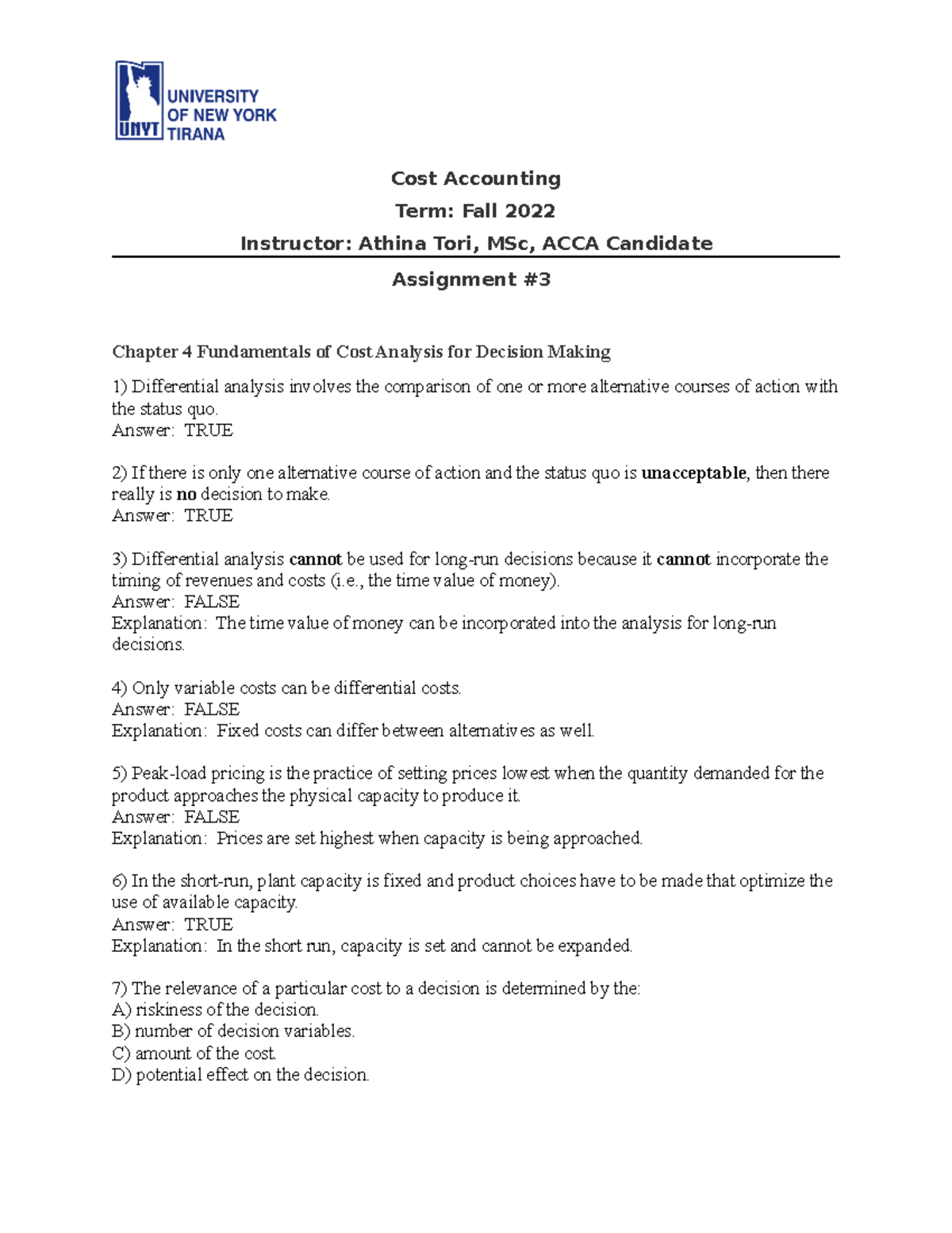 Assignment 3 Chapter 4 Solutions - Cost Accounting Term: Fall 2022 ...