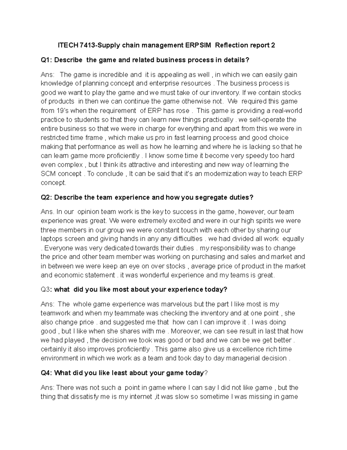 Itech 7413 reflection 2 group - ITECH 7413-Supply chain management ERPSIM Reflection report 2 Q1 ...