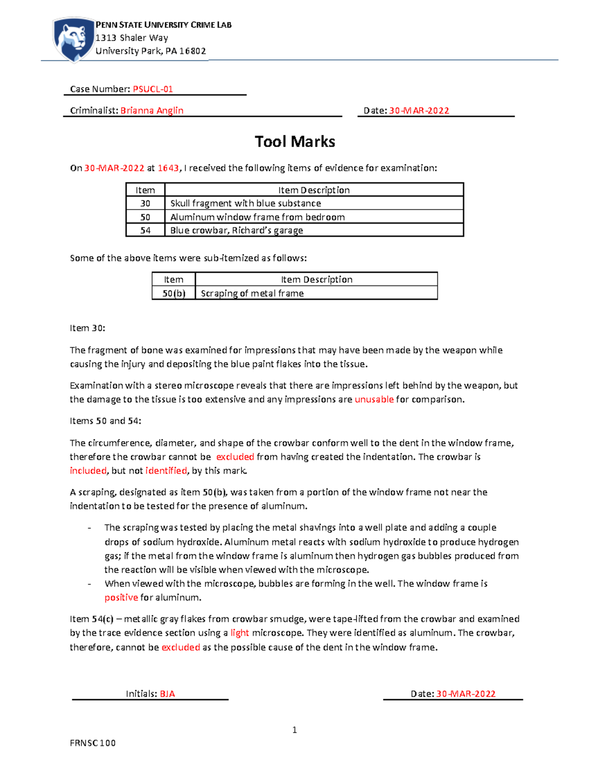 Case Notes - Tool Marks - PROFESSOR MANTZ - PENN STATE UNIVERSITY CRIME ...