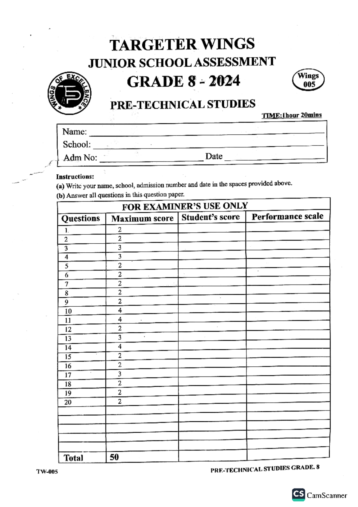 G8 PRE TECH 2024 Teacher - TARGETER WINGS JUNIOR SCHOOL ASSESSMENT OF ...