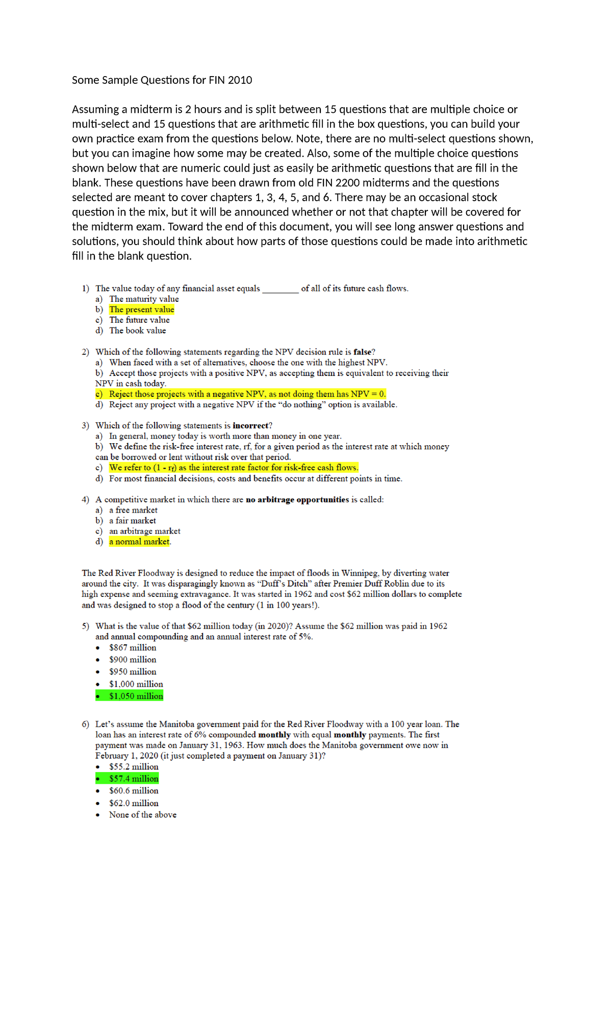 FIN 2010 Fall 2023 Sample Midterm Questions - Some Sample Questions for ...