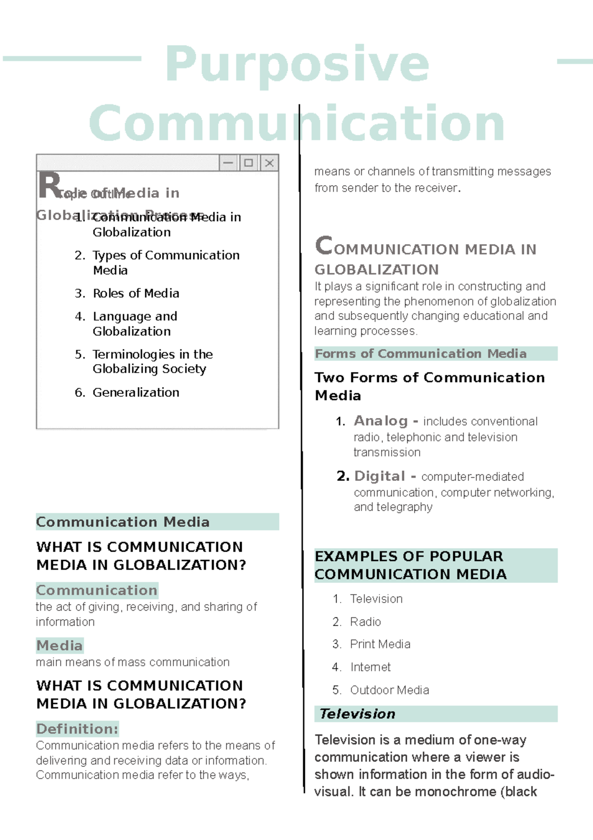 ENG 3A NOTE2 - notes - Purposive Communication Role of Media in ...
