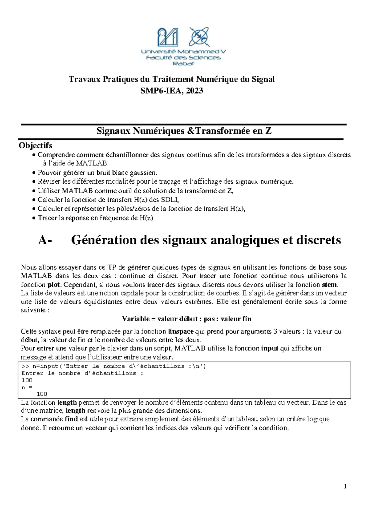 Numerical signal processing using MATLAB: Digital Signals and Z Transform - Travaux Pratiques du ...