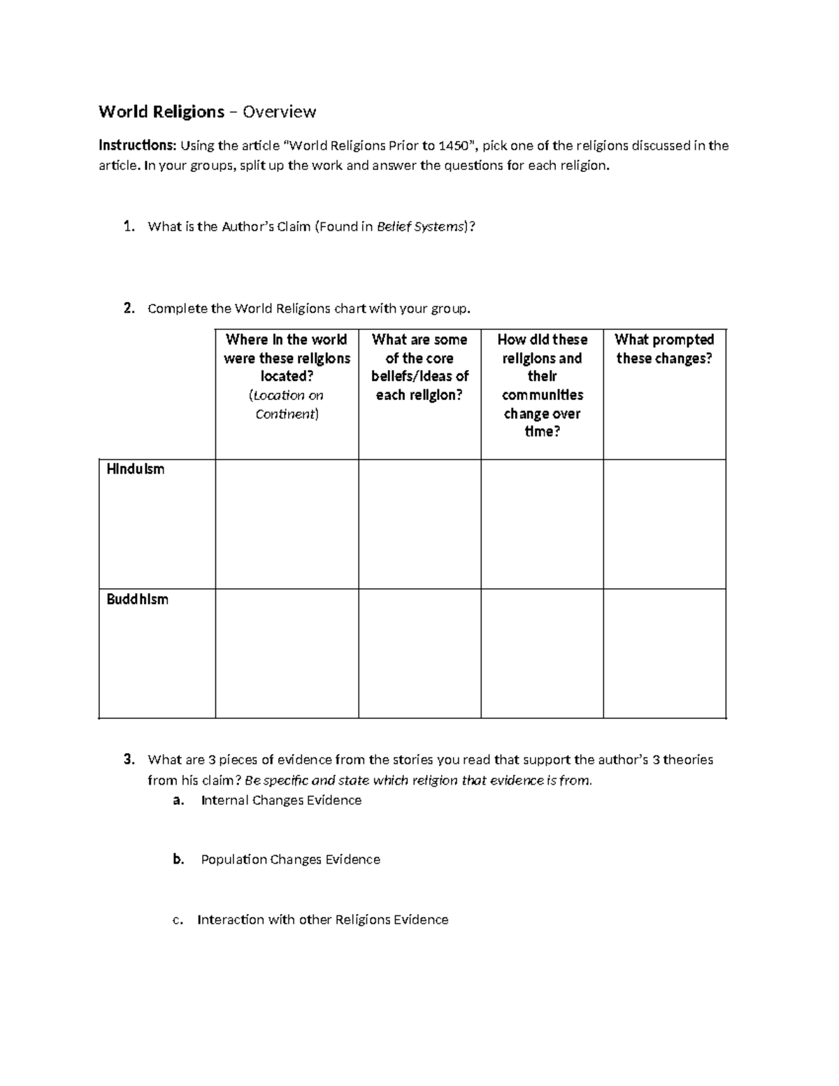 World Religions Prior to 1450 Worksheet 2-2 - World Religions ...