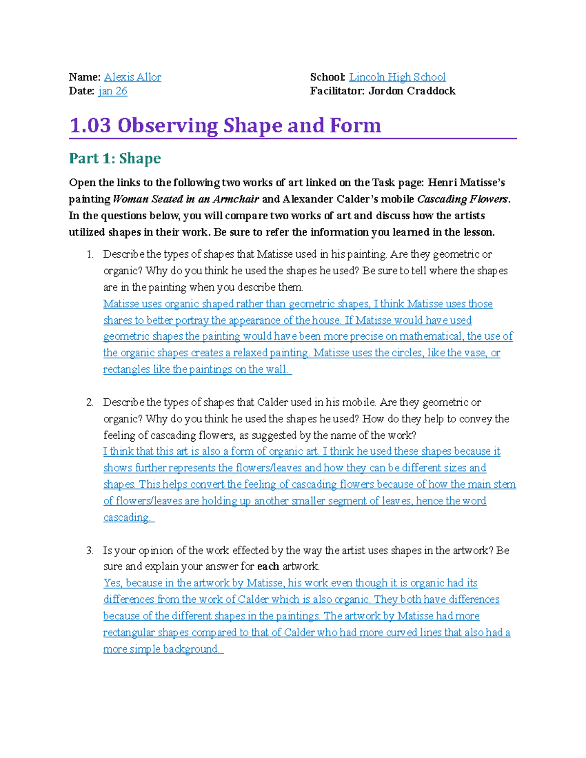 01-03 task1 - art assignment questions and answers - Name: Alexis Allor ...