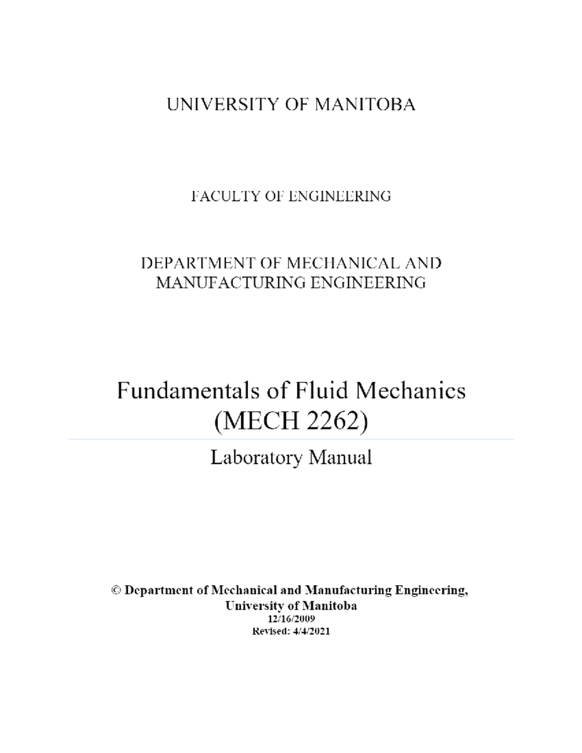 Lab Manual - MECH-2262-A01 - Fundamentals of Fluid Mechanics - MECH ...