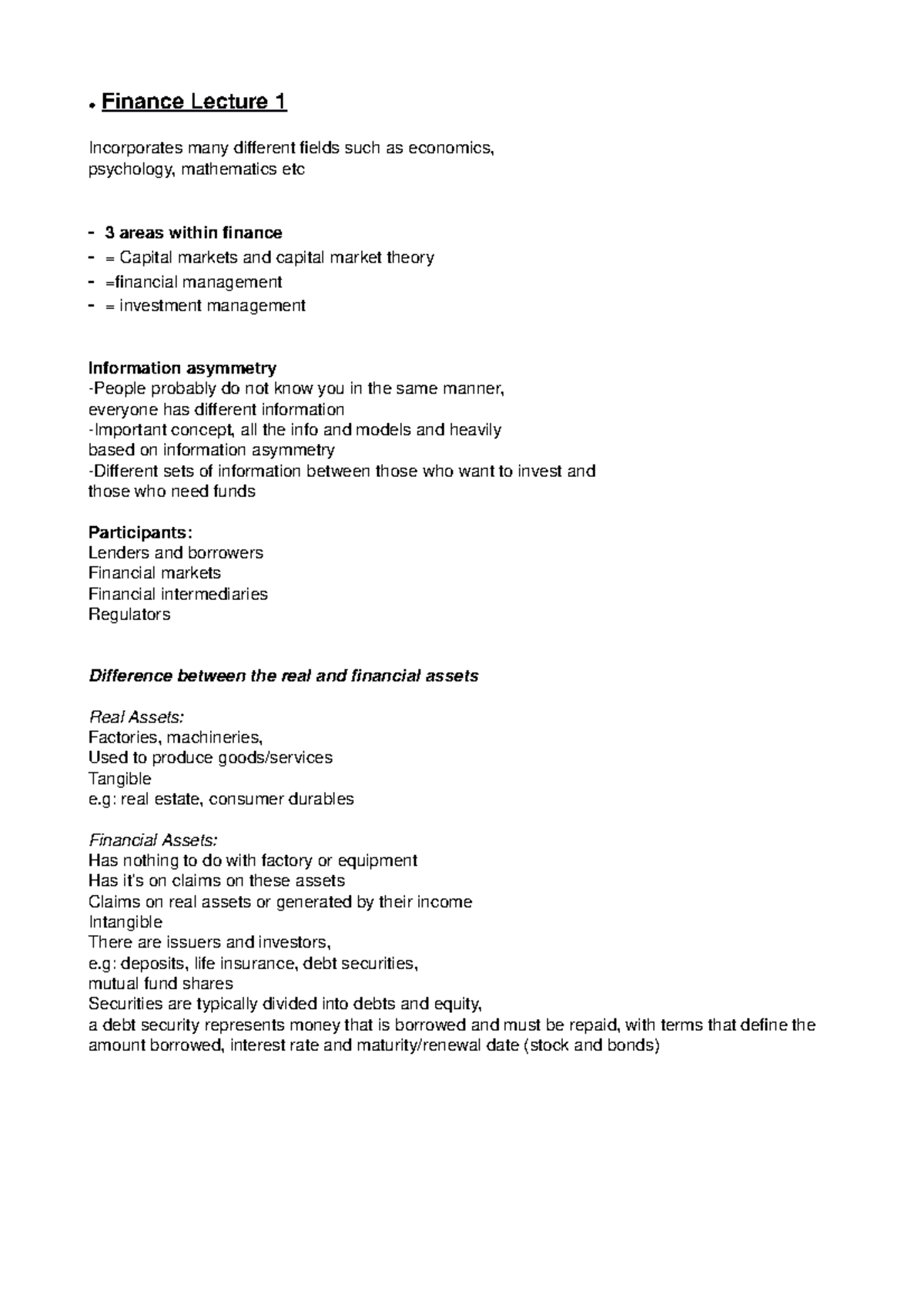 Lecture notes 1 - Finance - Principles of Finance - • Finance Lecture 1 ...